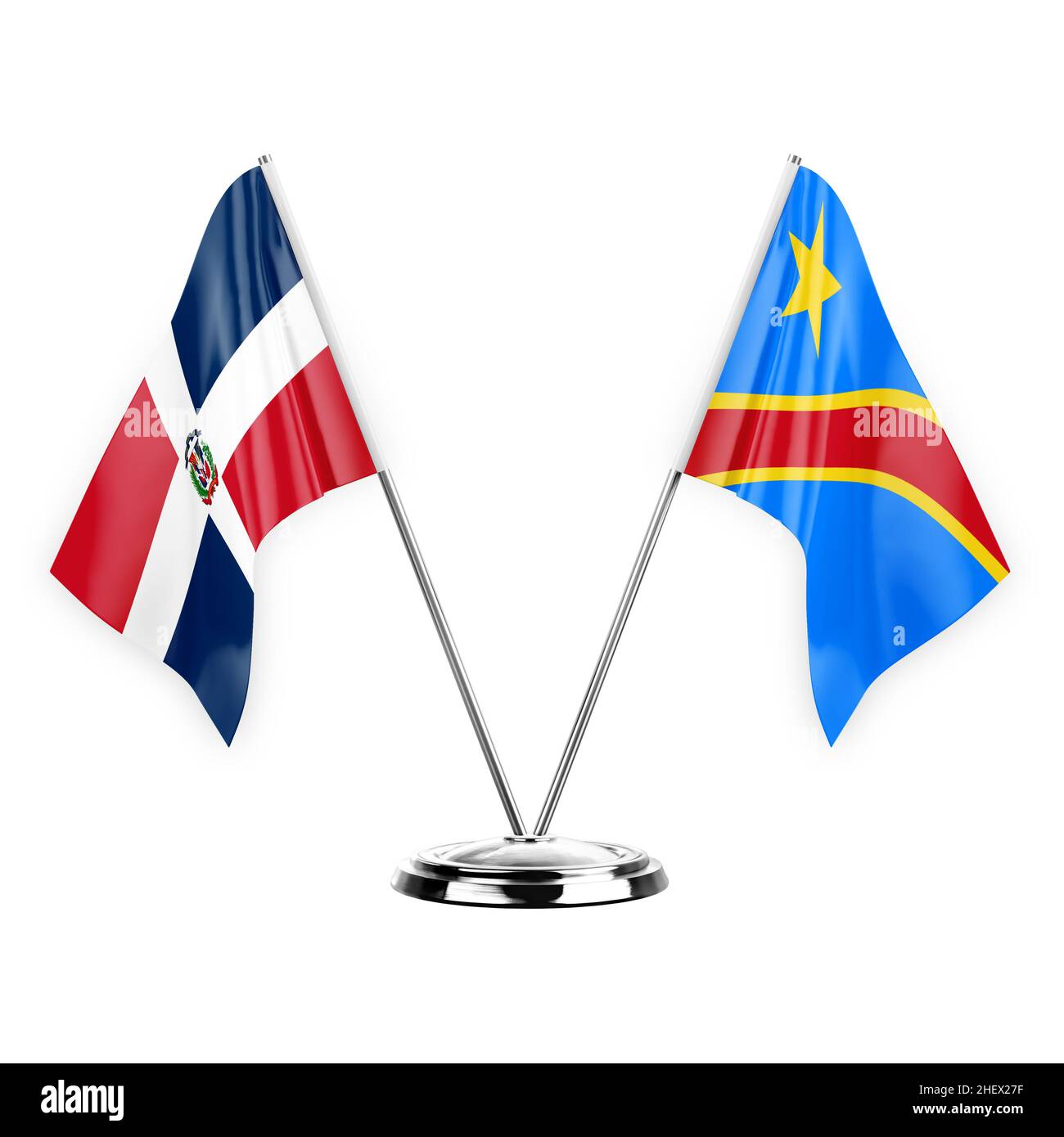 Two table flags isolated on white background 3d illustration, dominican ...