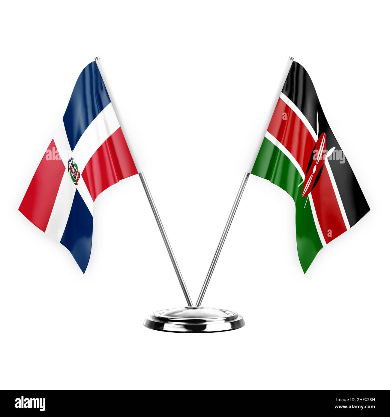 Two table flags isolated on white background 3d illustration, dominican ...