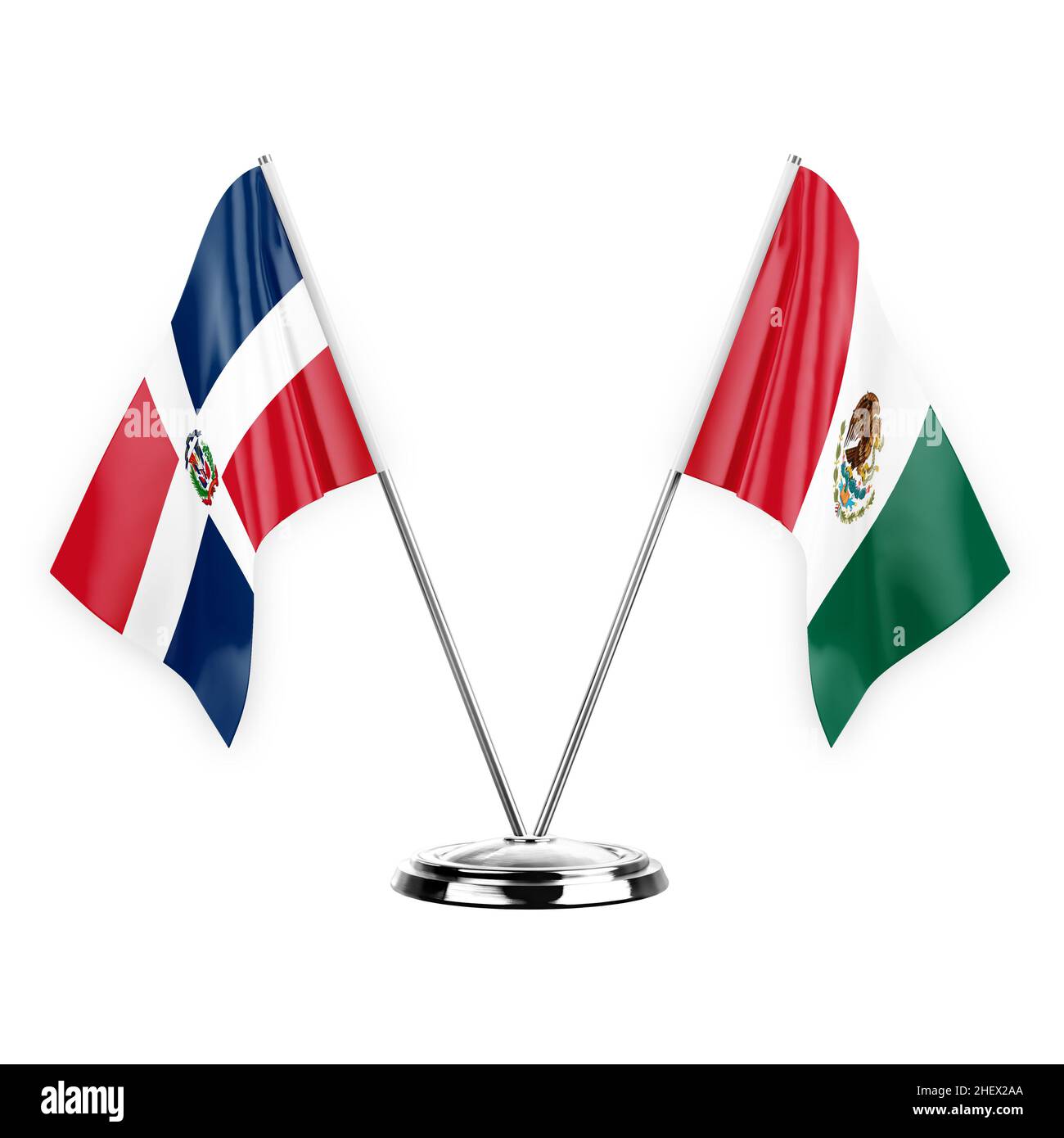 Two table flags isolated on white background 3d illustration, dominican ...