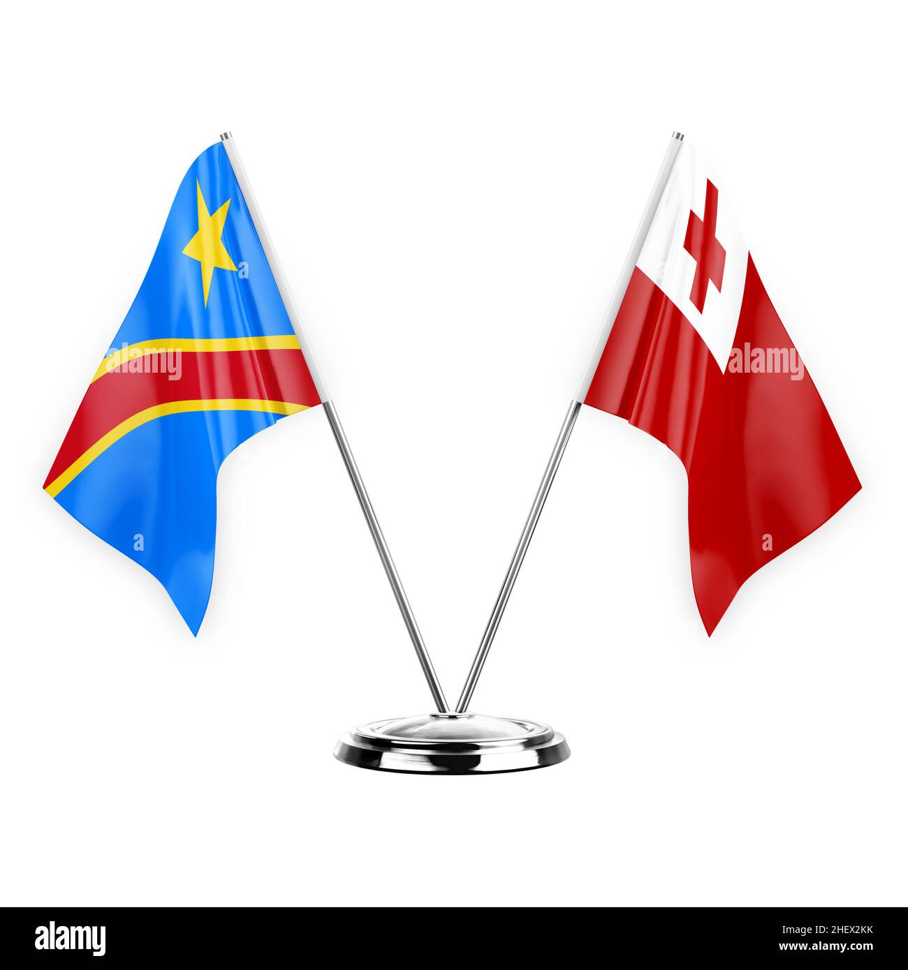 Two table flags isolated on white background 3d illustration, dr congo ...