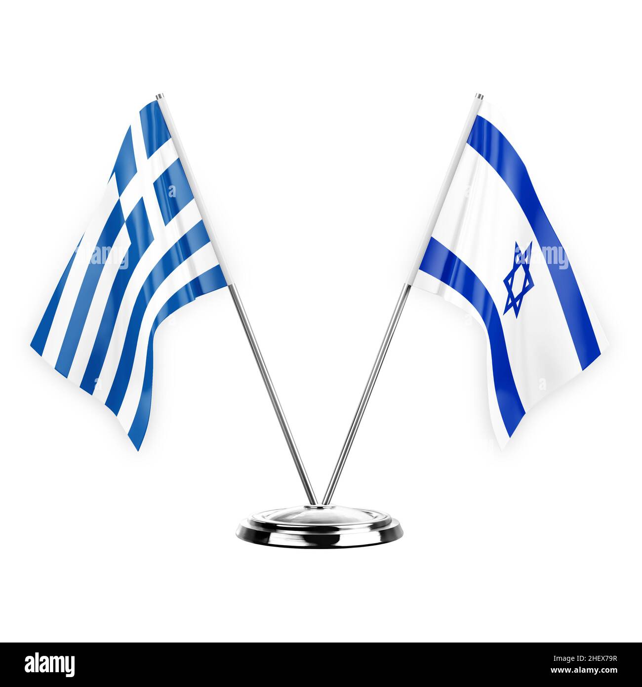 Two table flags isolated on white background 3d illustration, greece ...