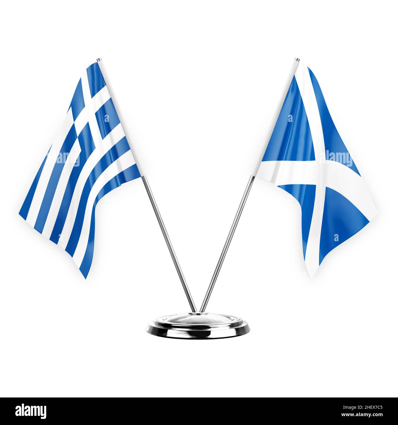 Two table flags isolated on white background 3d illustration, greece ...