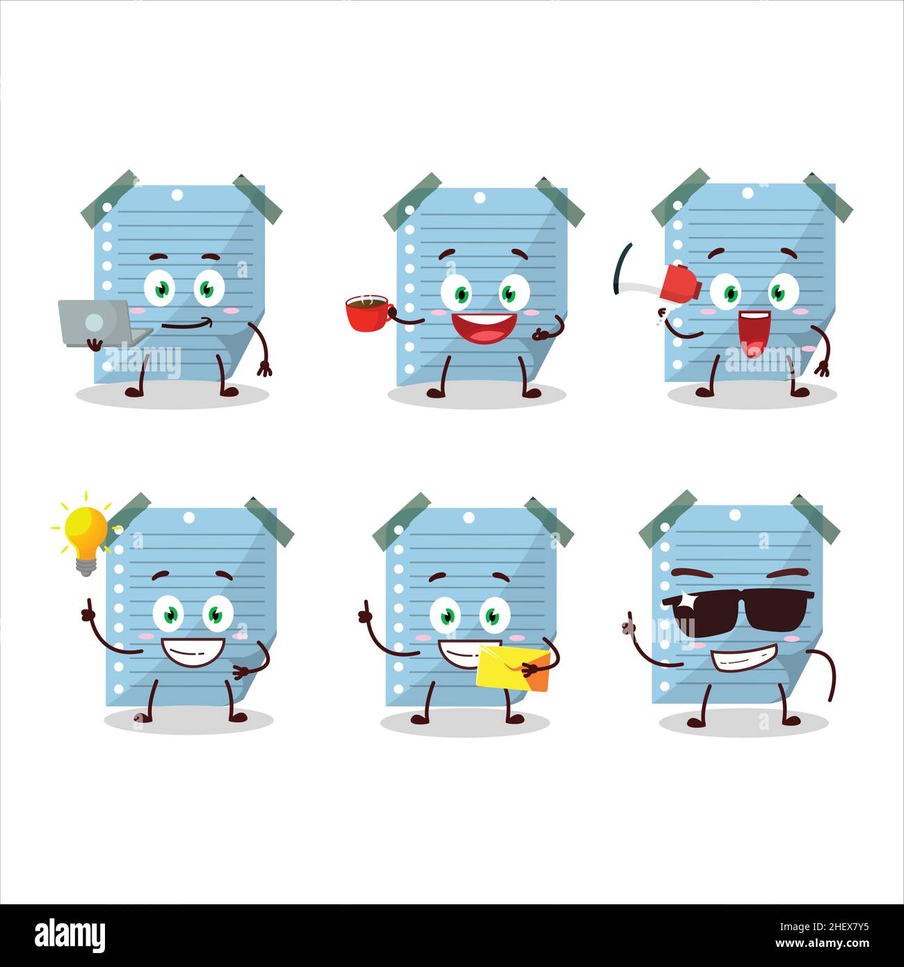 Blue sticky notes cartoon character with various types of business ...