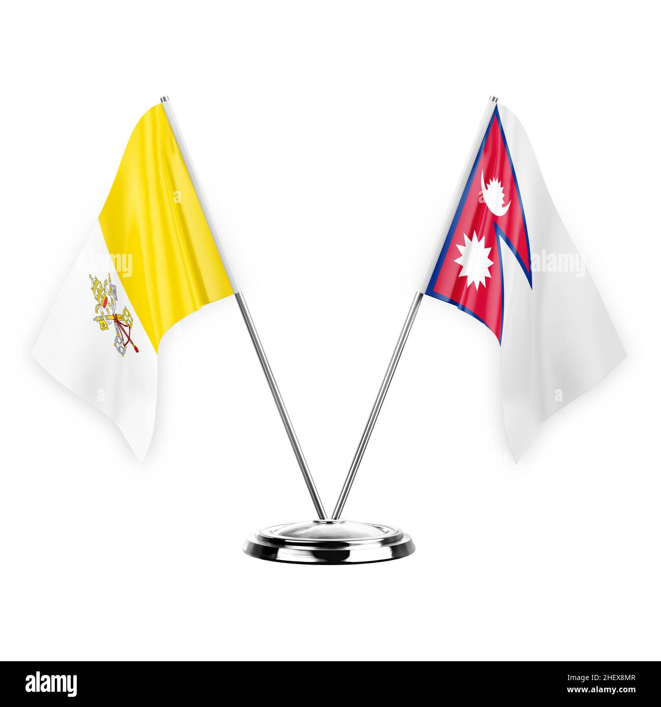 Two table flags isolated on white background 3d illustration, holy see ...