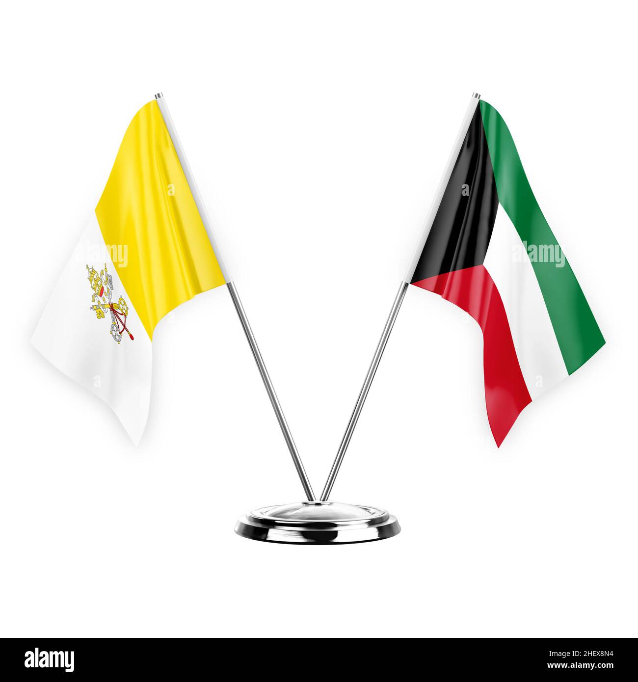 Two table flags isolated on white background 3d illustration, holy see ...