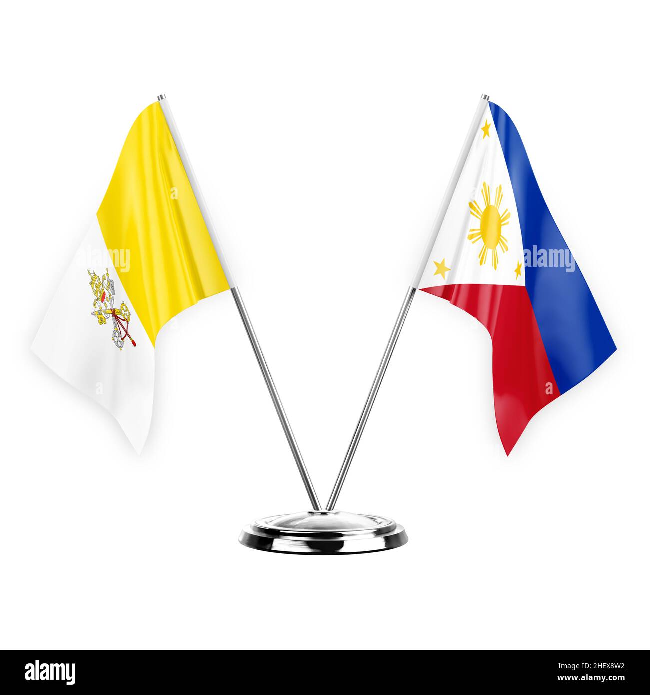 Two table flags isolated on white background 3d illustration, holy see ...