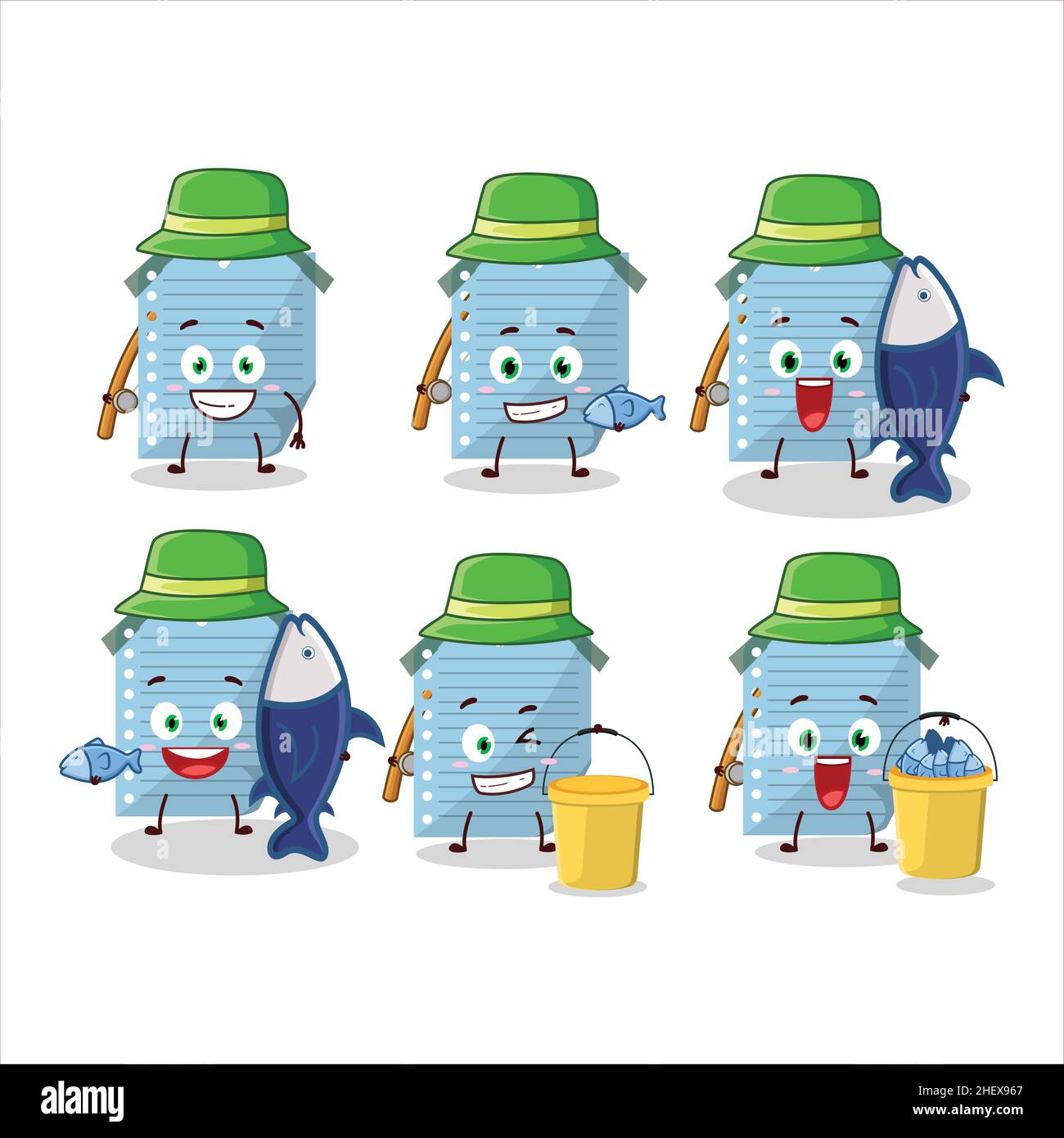 A fisherman blue sticky notes cartoon picture catch a big fish. Vector ...