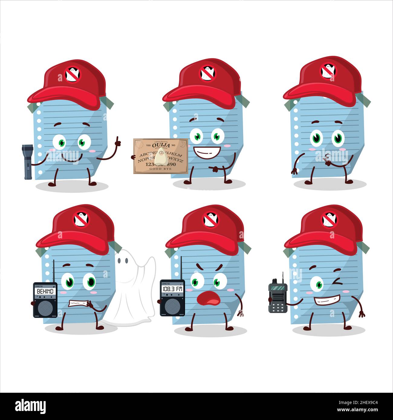 Ghost hunter cartoon blue sticky notes character using camera. Vector ...