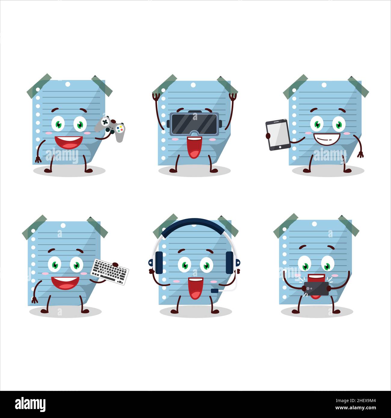 Blue sticky notes cartoon character are playing games with various cute ...