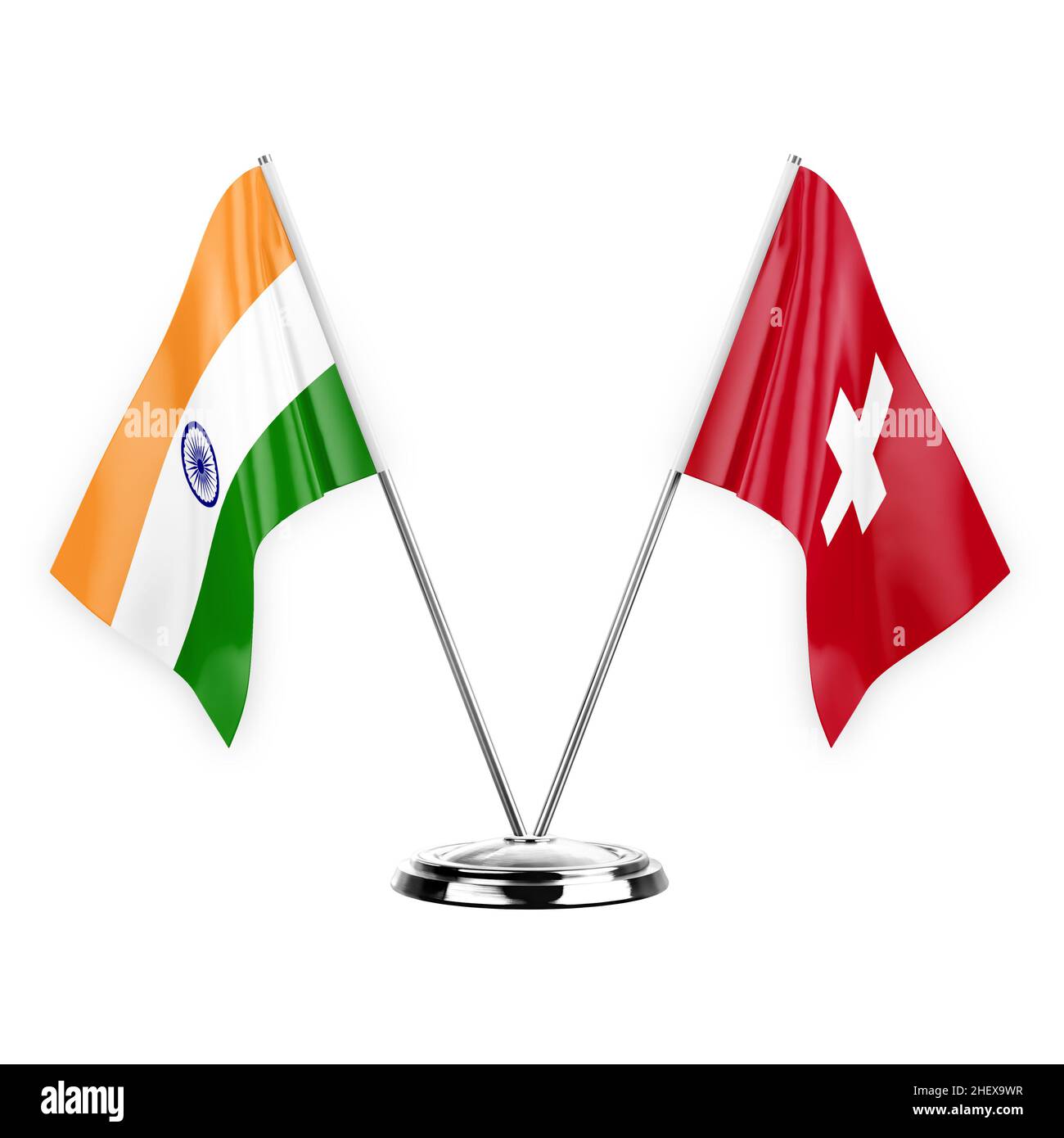 Two table flags isolated on white background 3d illustration, india and ...