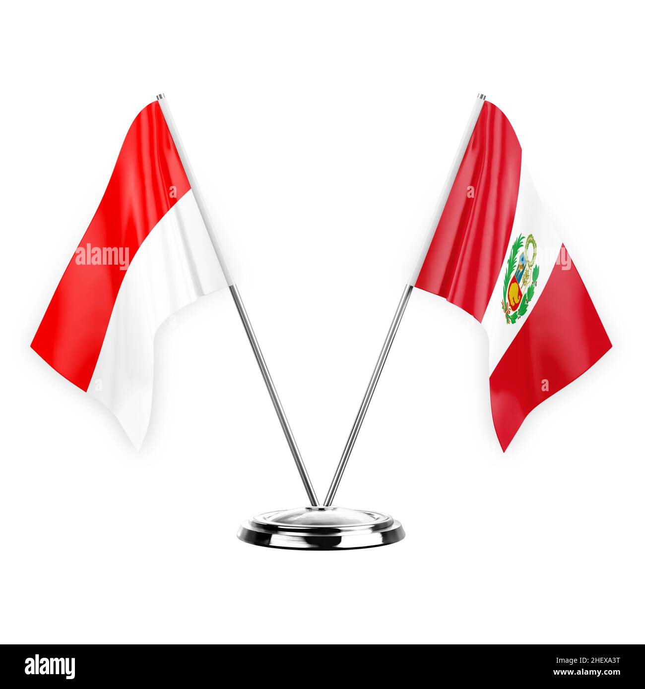 Two table flags isolated on white background 3d illustration, indonesia ...