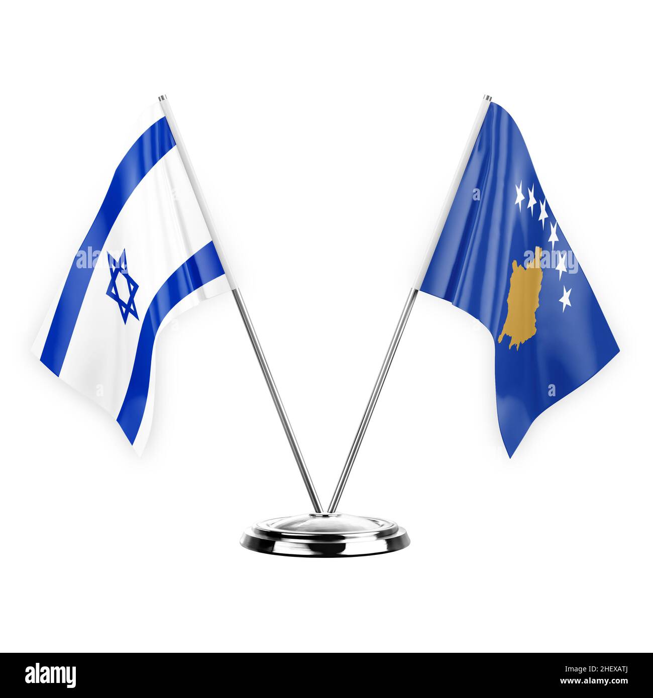 Two table flags isolated on white background 3d illustration, israel ...