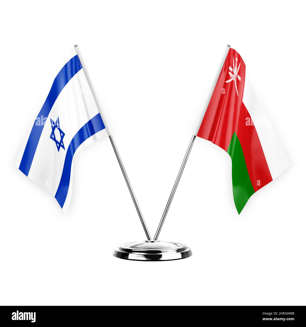 Two table flags isolated on white background 3d illustration, israel ...