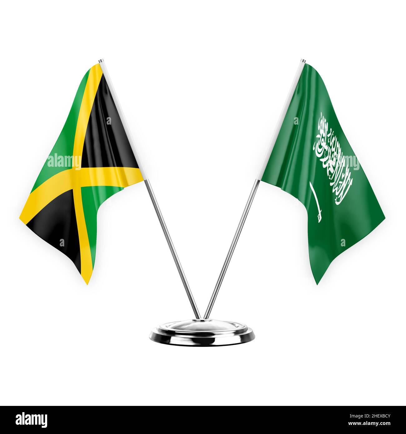 Two table flags isolated on white background 3d illustration, jamaica ...