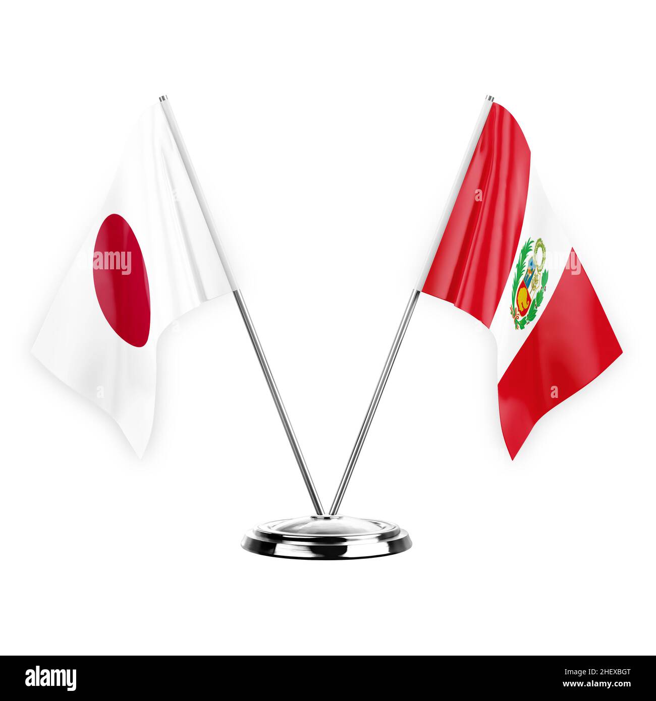 Two table flags isolated on white background 3d illustration, japan and ...