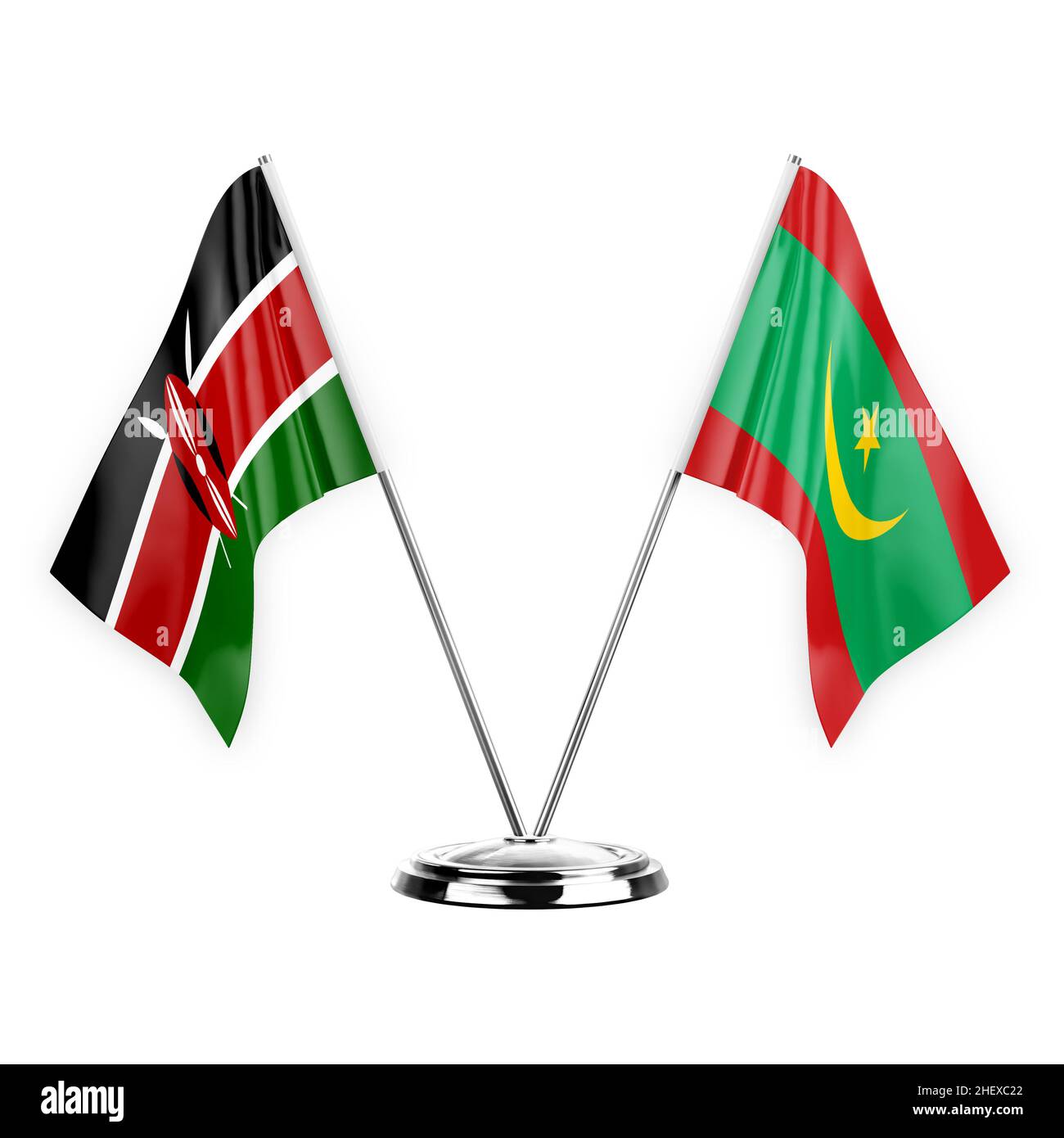 Two table flags isolated on white background 3d illustration, kenya and ...
