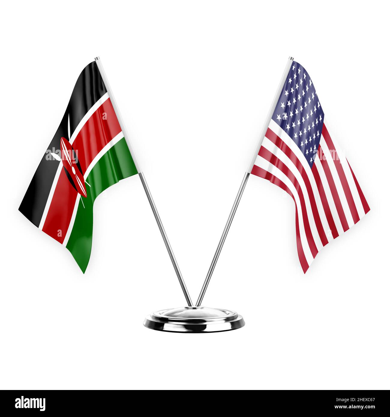 Two table flags isolated on white background 3d illustration, kenya and ...