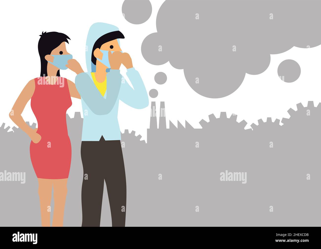 Couple wearing face mask because of air pollution in the city. Air ...