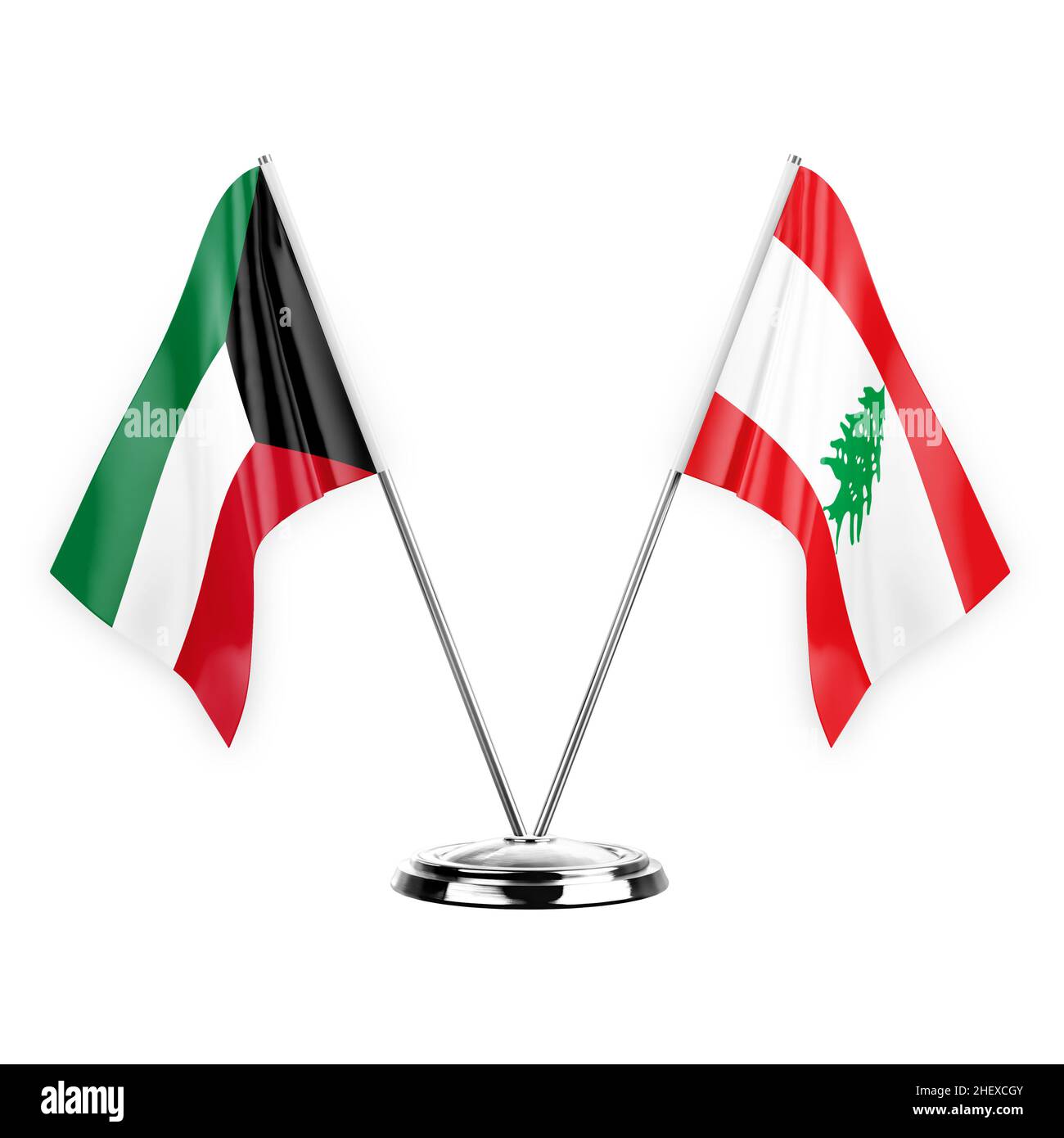 Two table flags isolated on white background 3d illustration, kuwait ...