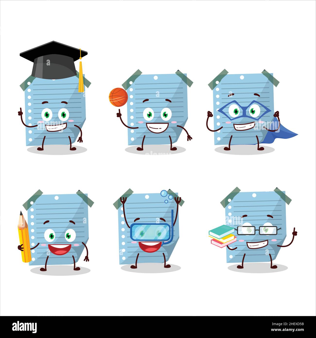 School student of blue sticky notes cartoon character with various ...