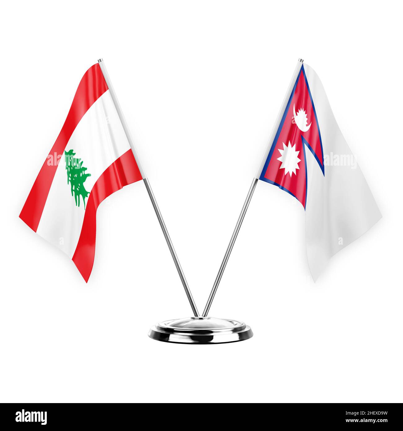 Two table flags isolated on white background 3d illustration, lebanon ...