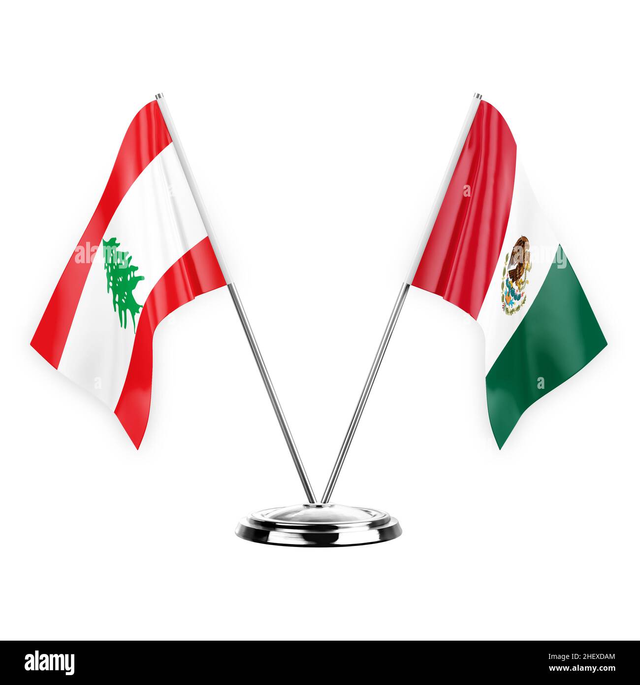 Two table flags isolated on white background 3d illustration, lebanon ...