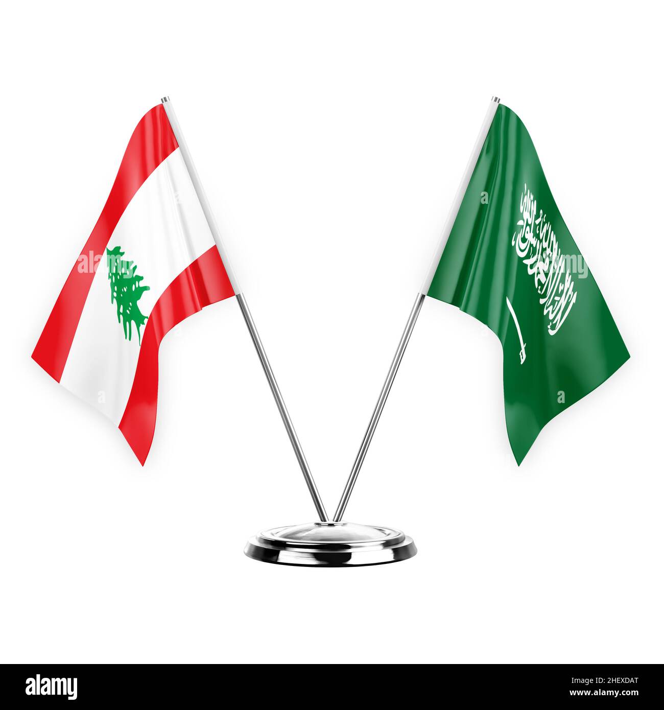 Two table flags isolated on white background 3d illustration, lebanon ...
