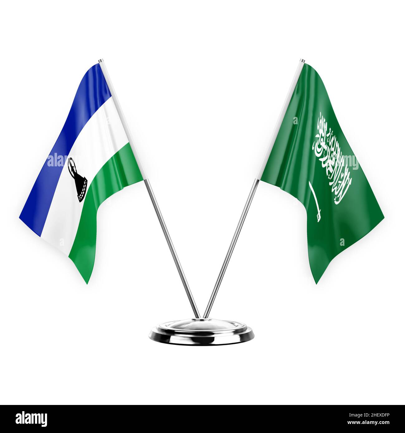 Two table flags isolated on white background 3d illustration, lesotho ...