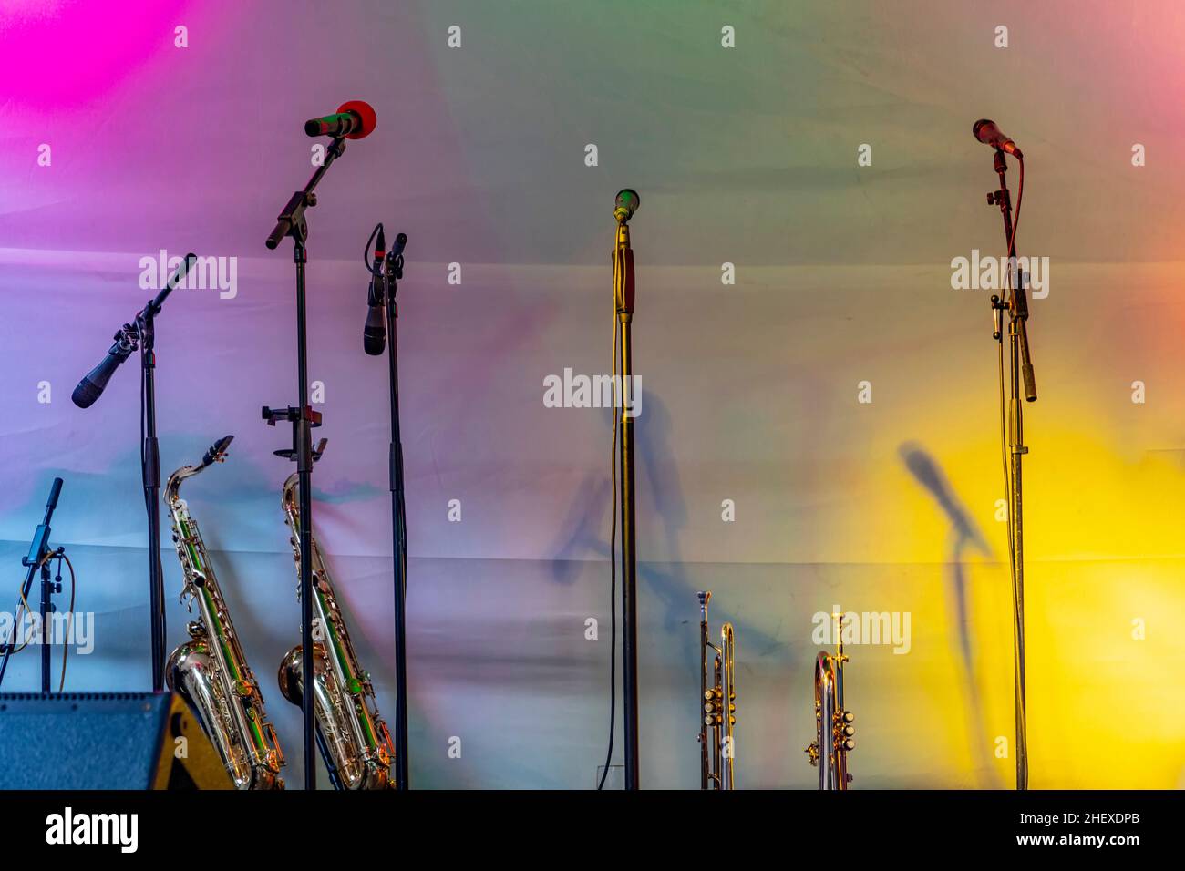 background of instruments of blues and jazz band on stage Stock Photo ...