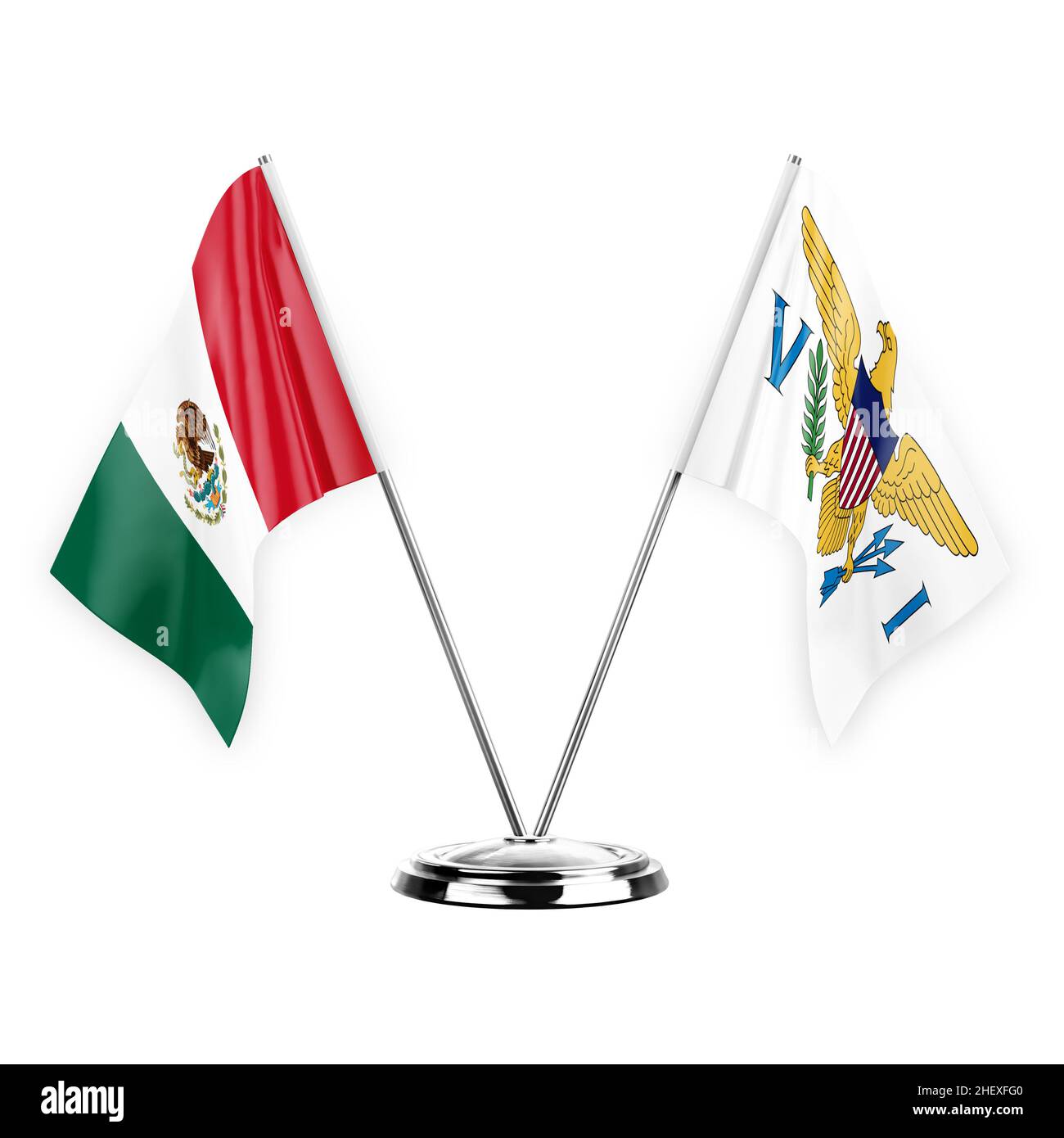 Two table flags isolated on white background 3d illustration, mexico ...