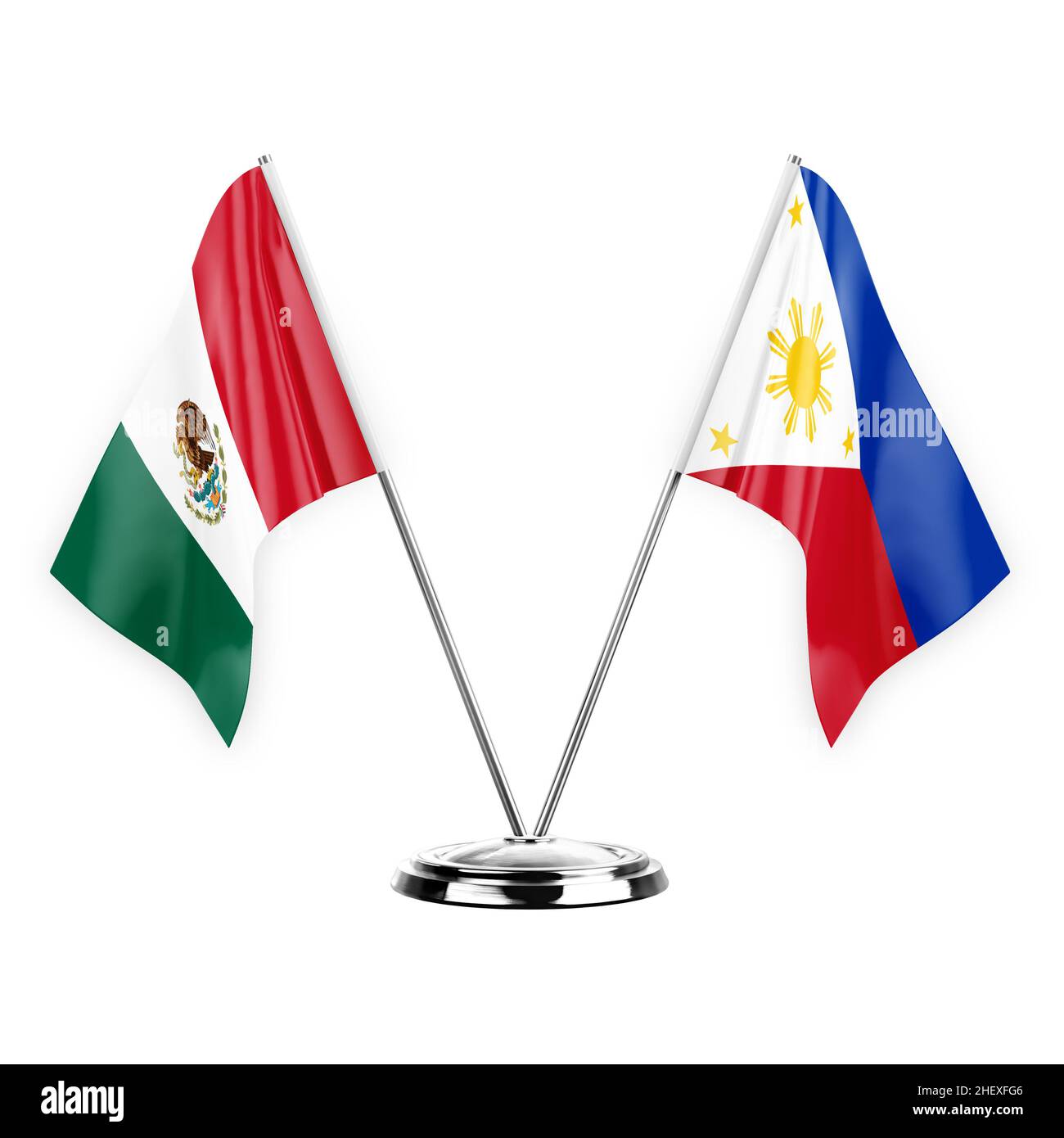 Two table flags isolated on white background 3d illustration, mexico ...