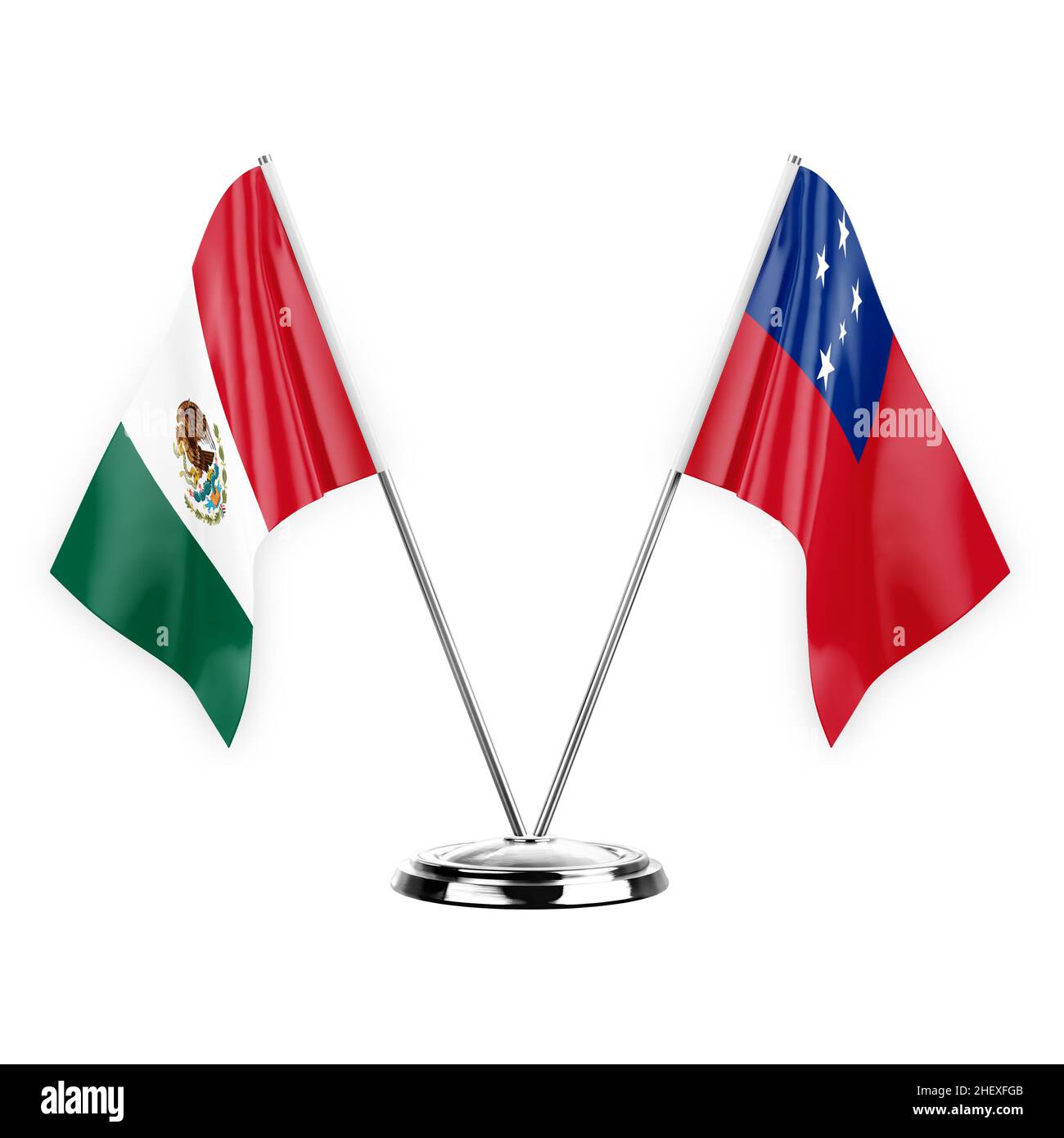 Two table flags isolated on white background 3d illustration, mexico ...