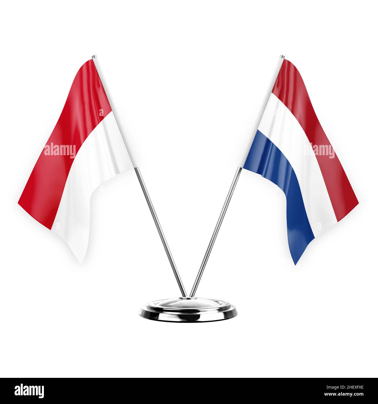 Two table flags isolated on white background 3d illustration, monaco ...