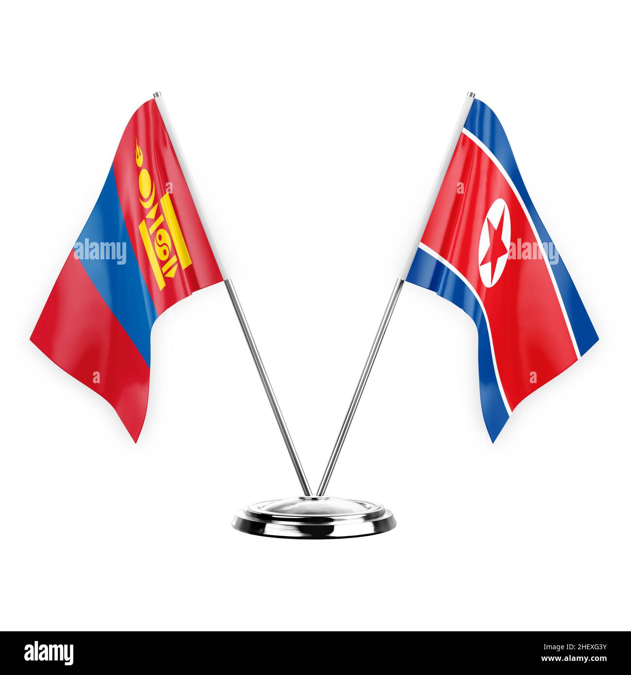 Two table flags isolated on white background 3d illustration, mongolia ...