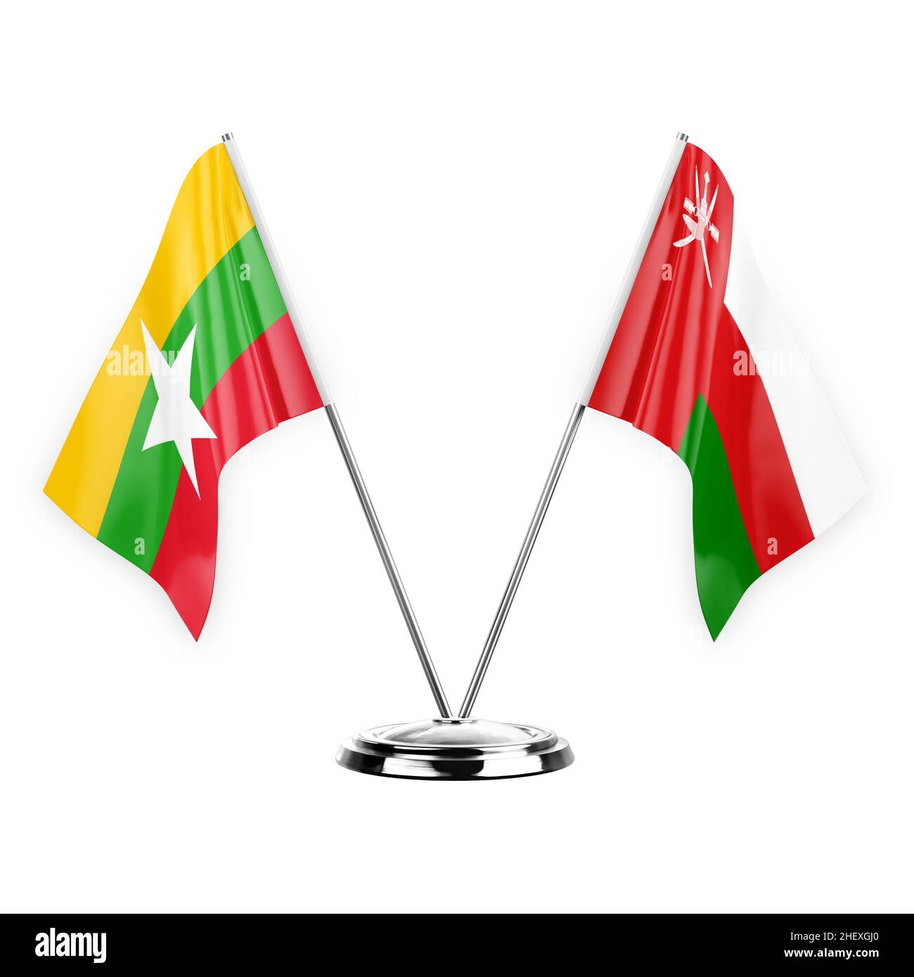 Two table flags isolated on white background 3d illustration, myanmar ...