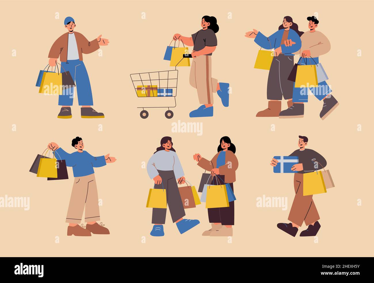 Sale and shopping people set, isolated customers male and female ...