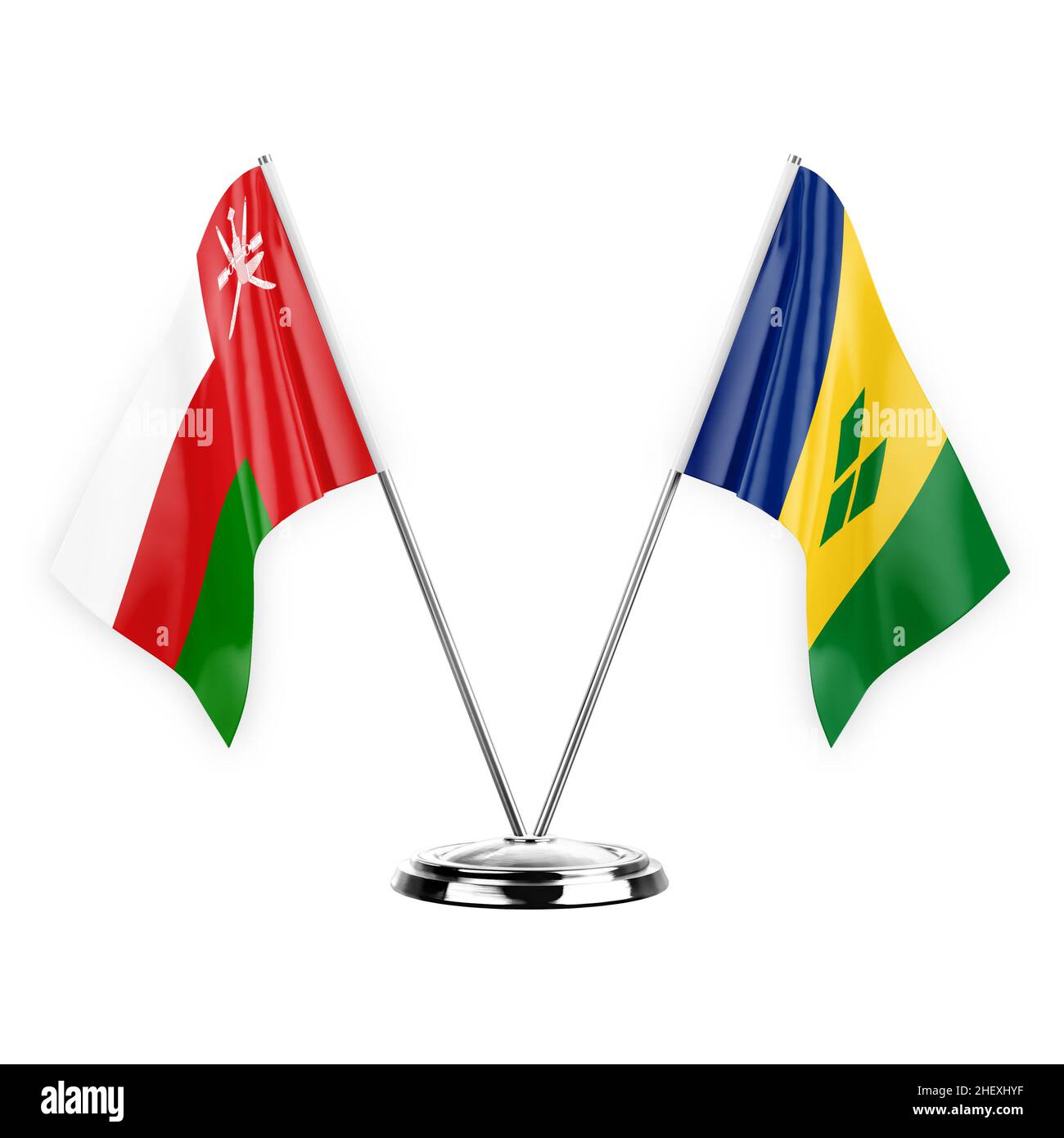 Two table flags isolated on white background 3d illustration, oman and ...