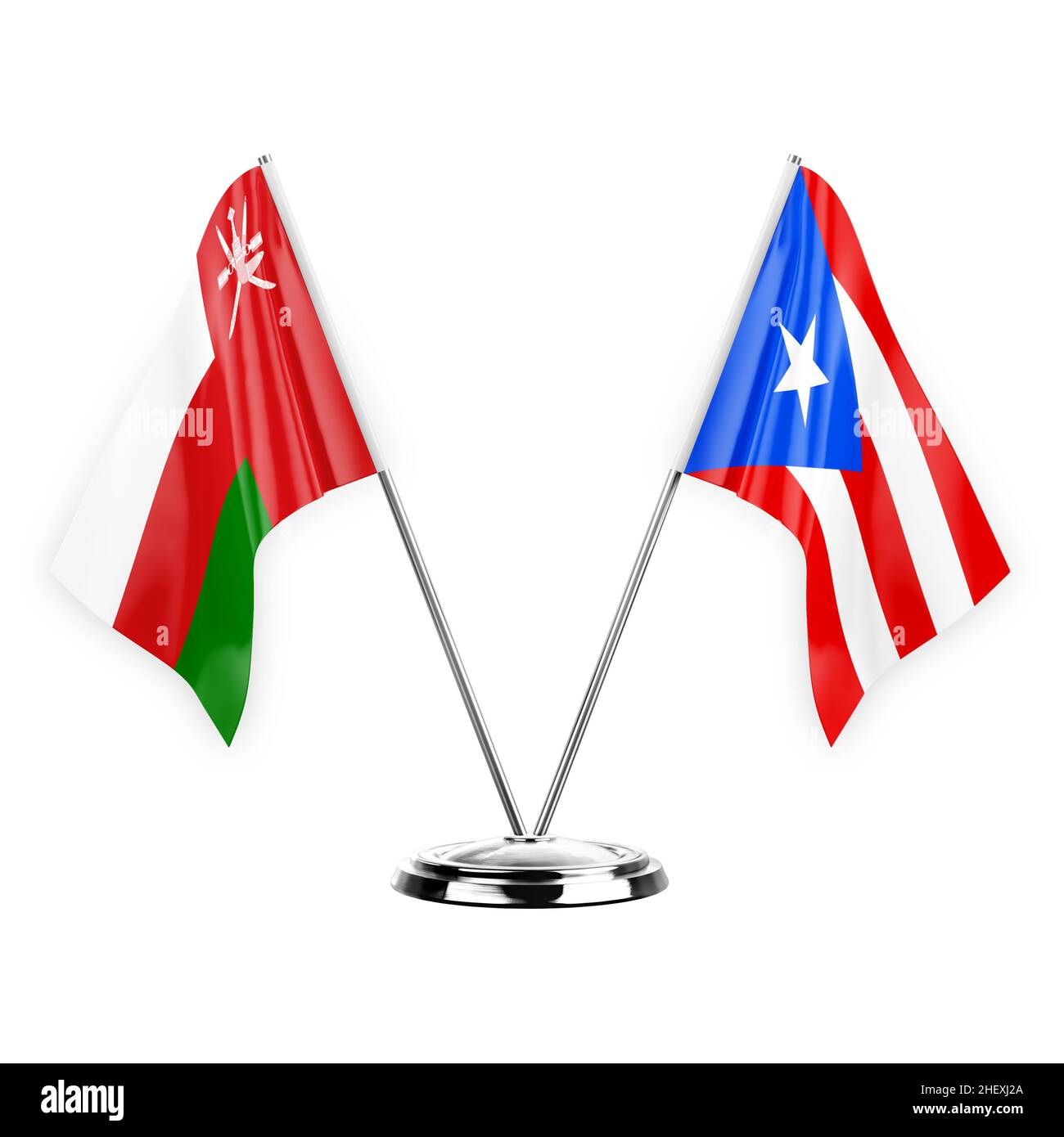Two table flags isolated on white background 3d illustration, oman and ...