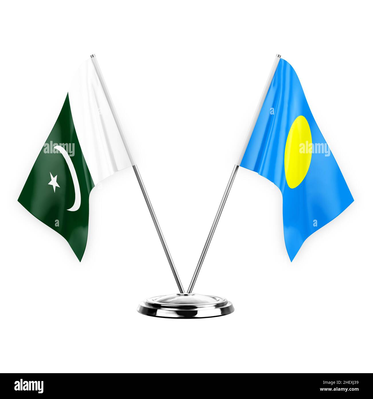 Two table flags isolated on white background 3d illustration, pakistan ...