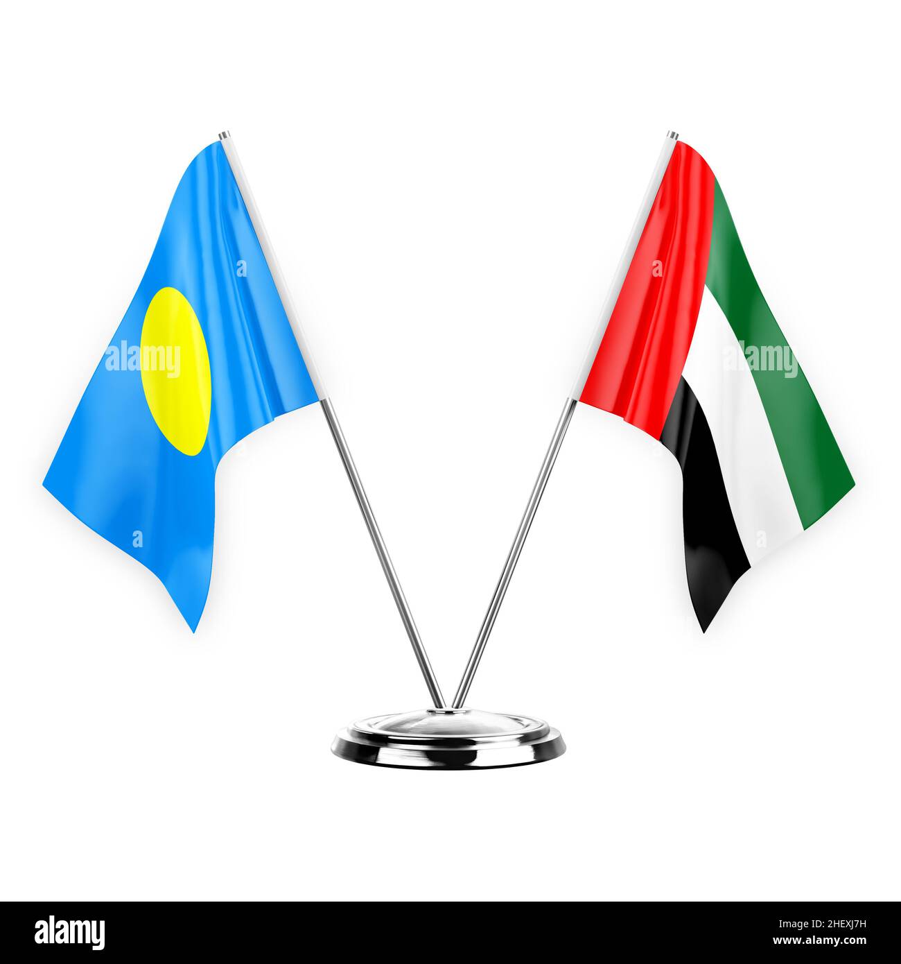 Two table flags isolated on white background 3d illustration, palau and ...