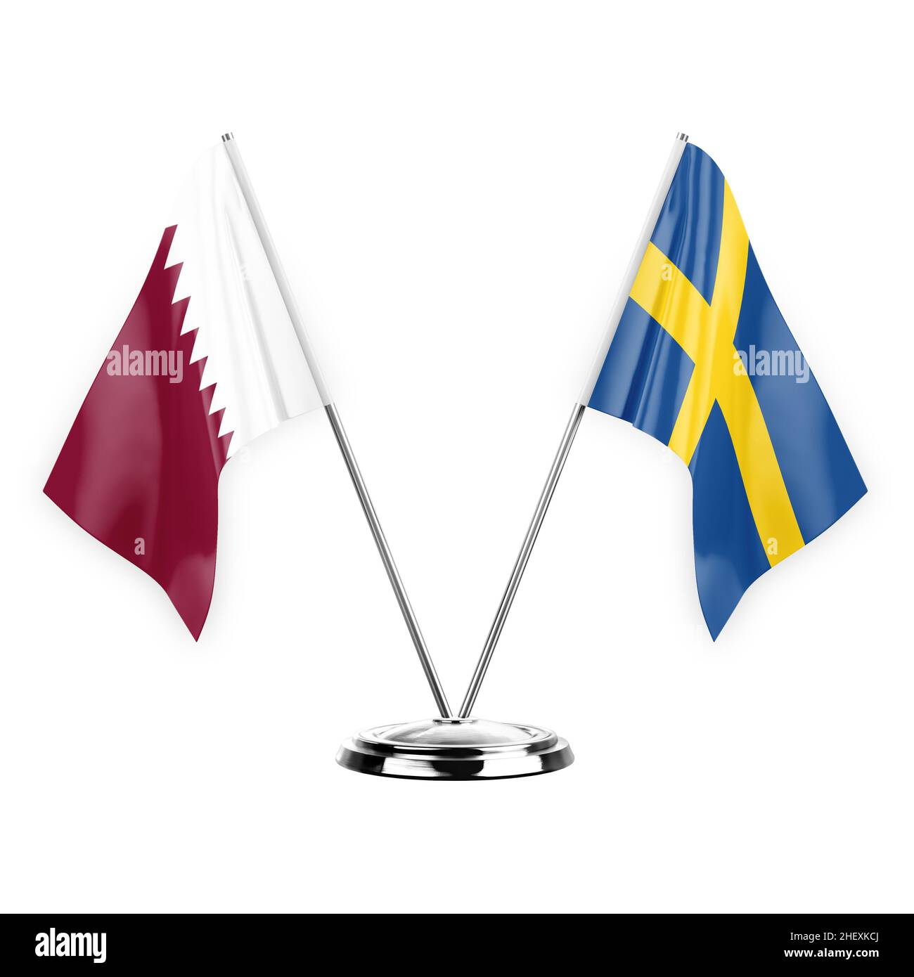 Two table flags isolated on white background 3d illustration, qatar and ...