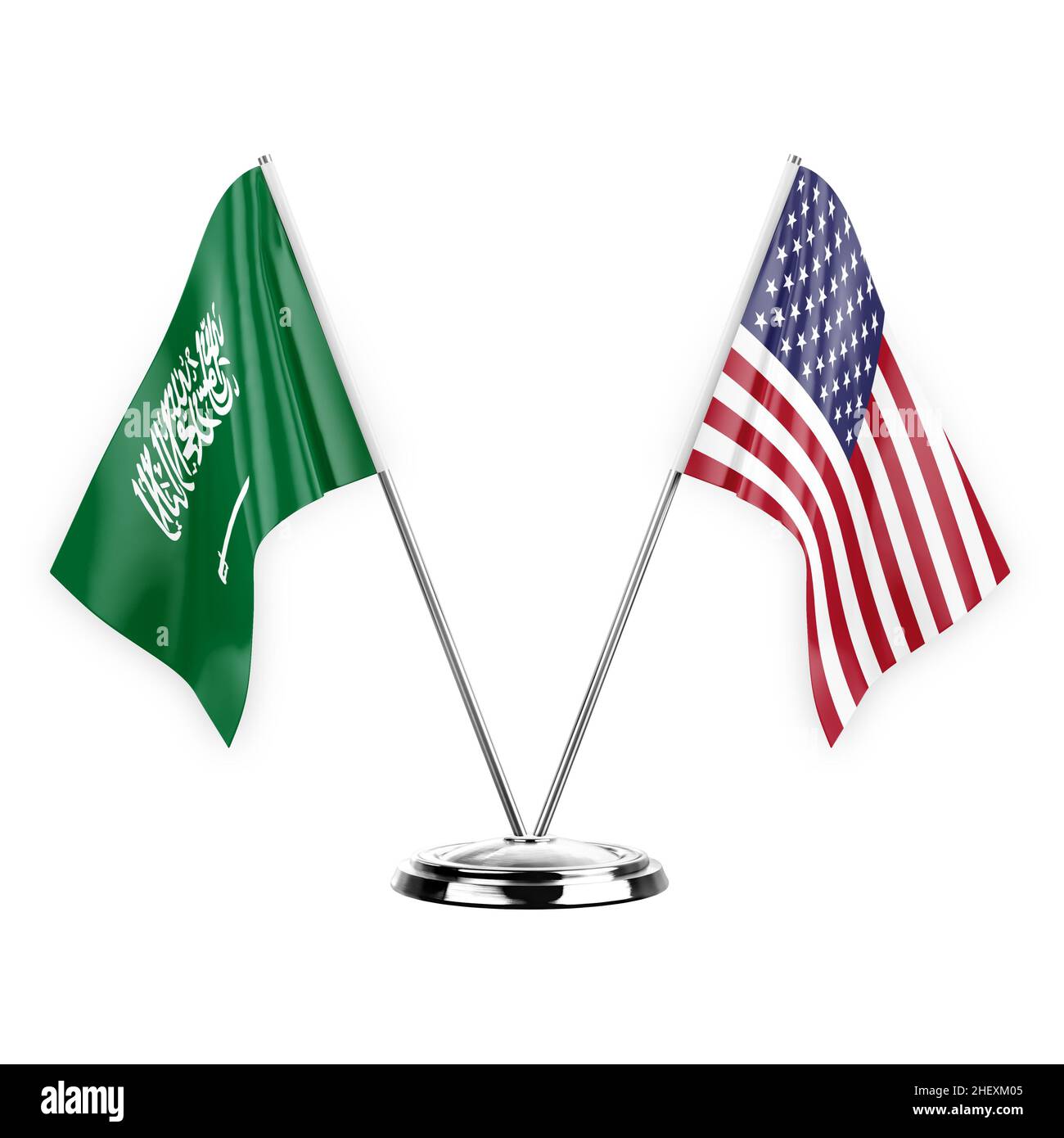 Two table flags isolated on white background 3d illustration, saudi ...