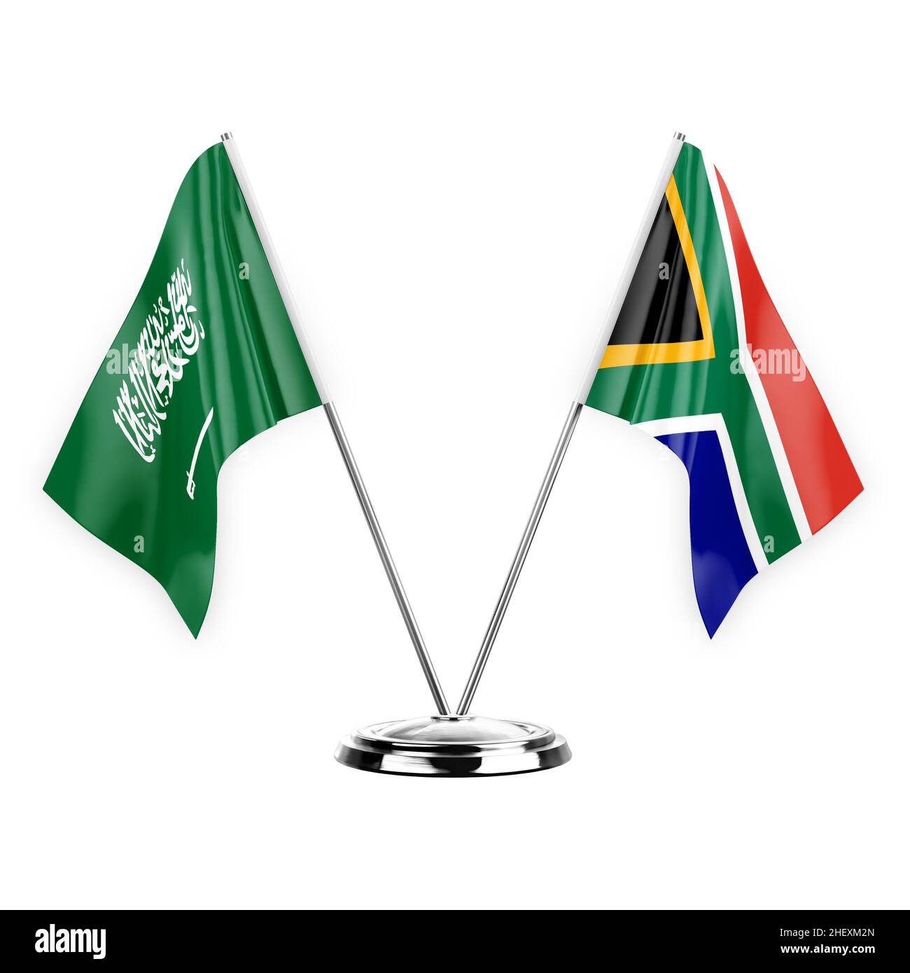 Two table flags isolated on white background 3d illustration, saudi ...