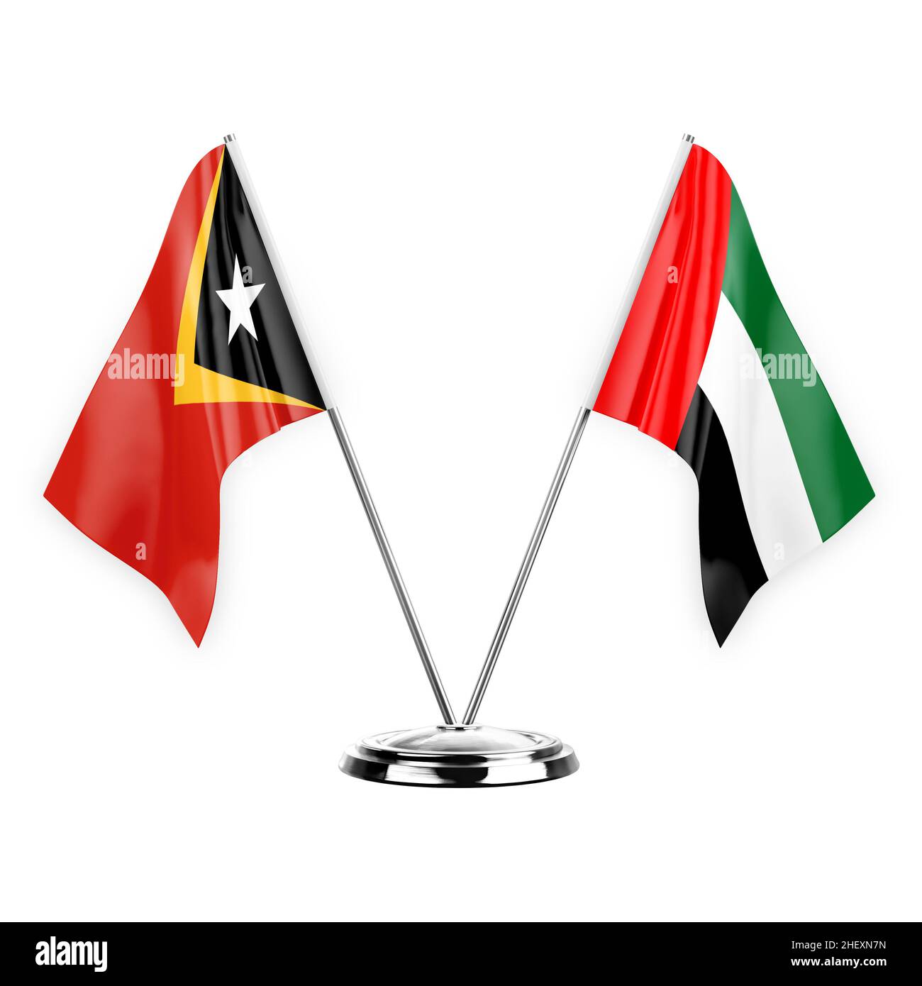 Two table flags isolated on white background 3d illustration, timor ...