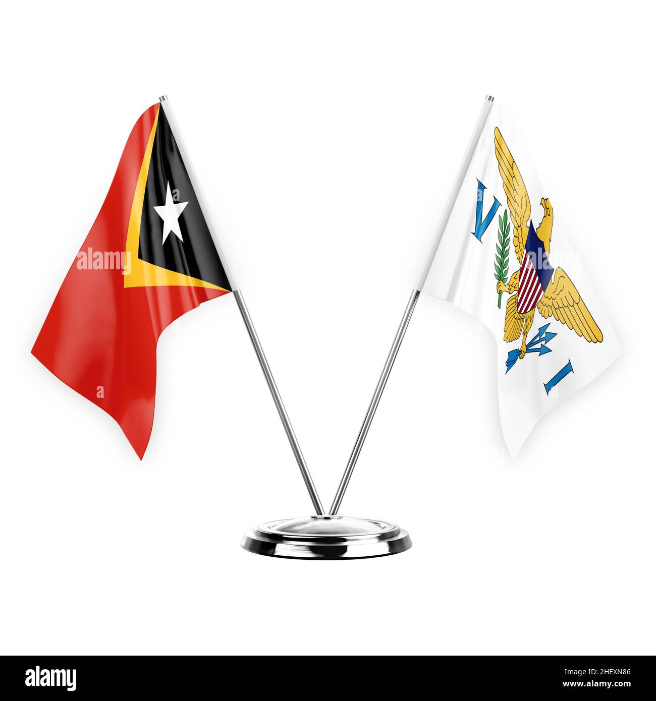 Two table flags isolated on white background 3d illustration, timor ...