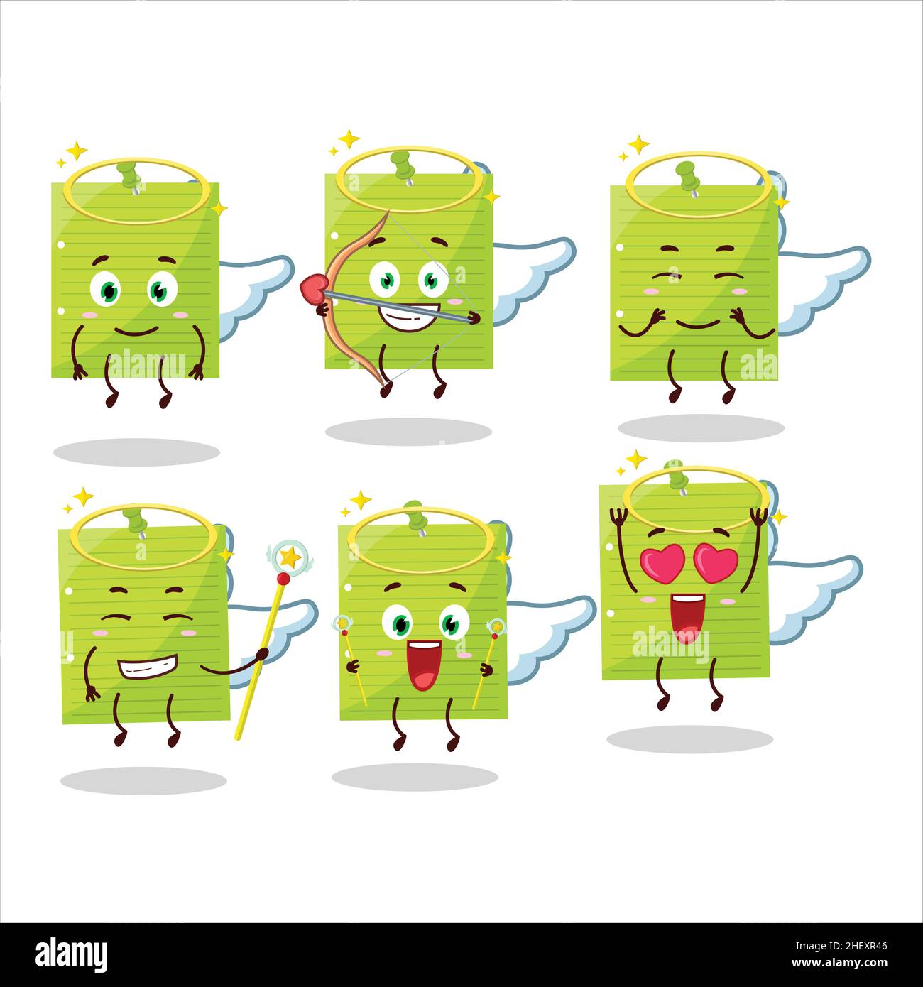 Green sticky notes cartoon designs as a cute angel character. Vector ...