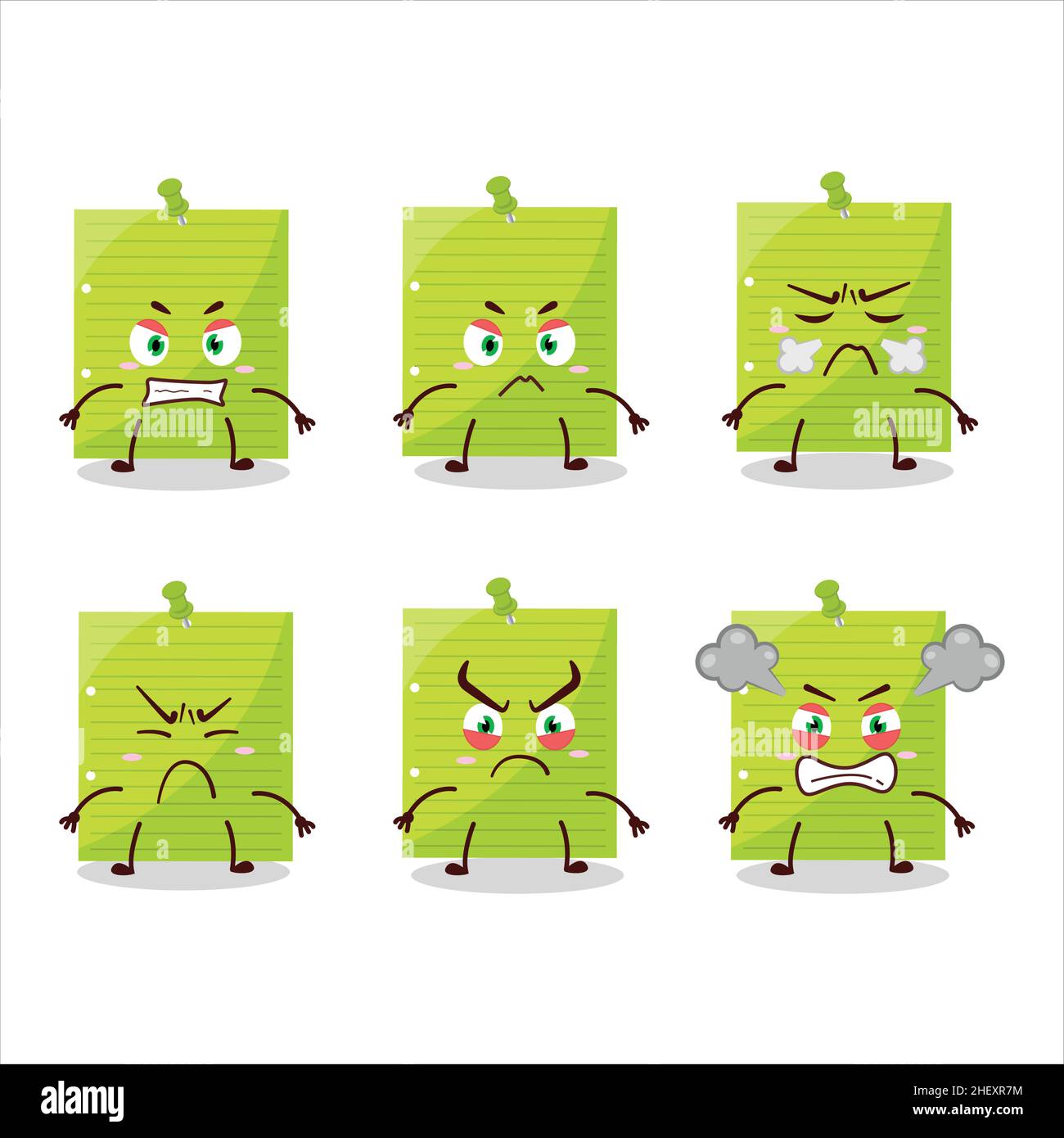 Green sticky notes cartoon character with various angry expressions ...