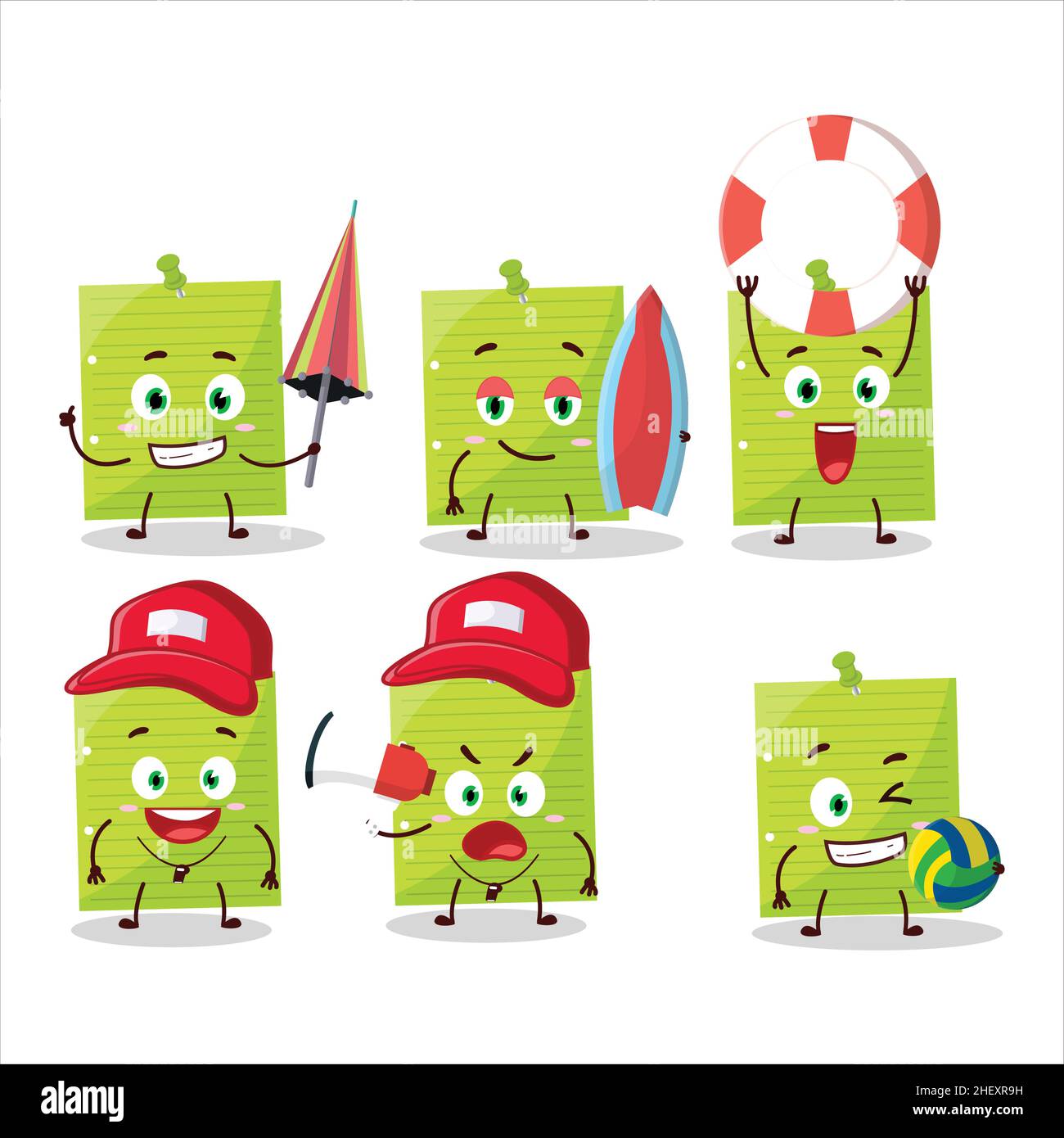 Happy Face green sticky notes cartoon character playing on a beach ...