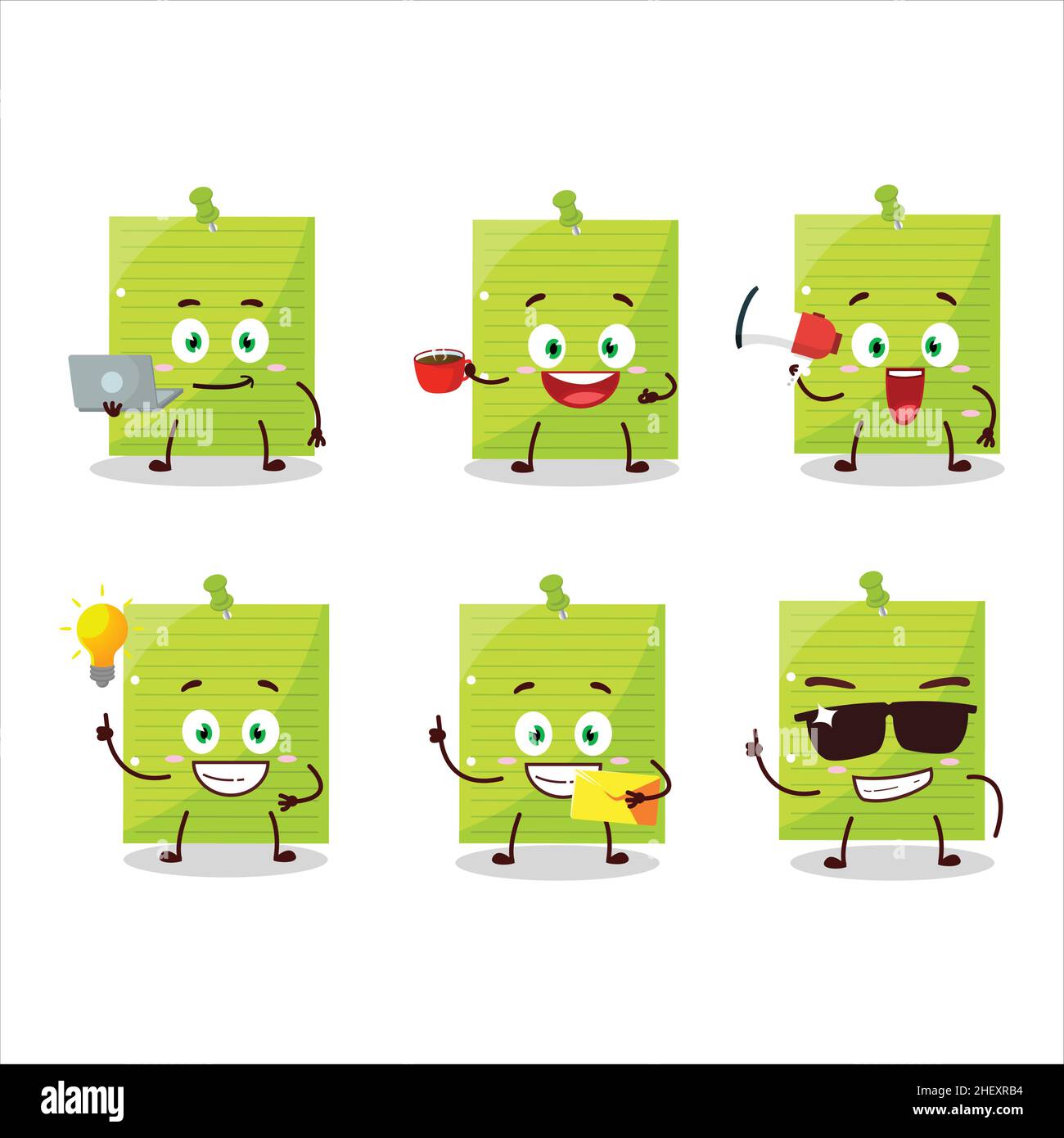 Green sticky notes cartoon character with various types of business ...