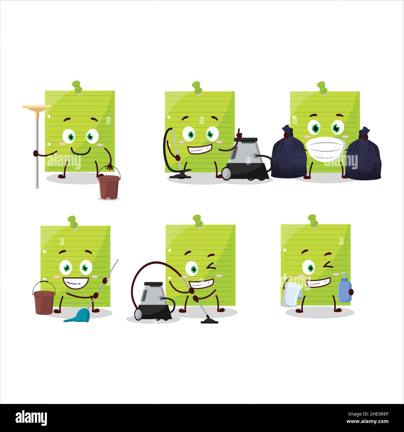Cleaning service green sticky notes cute cartoon character using mop ...